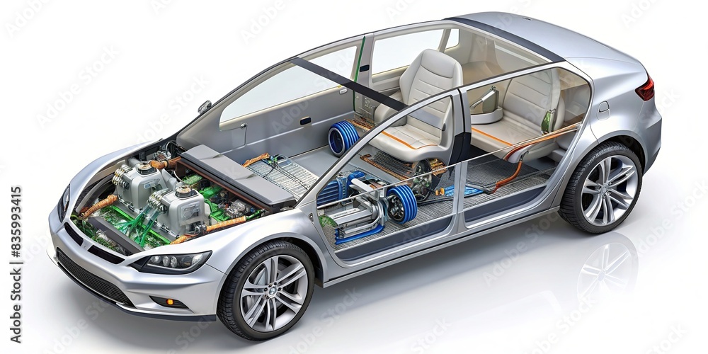 Isometric cutaway diagram of modern EV car components , technology ...