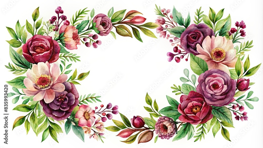 Watercolor floral wreath border with green leaves and burgundy maroon ...