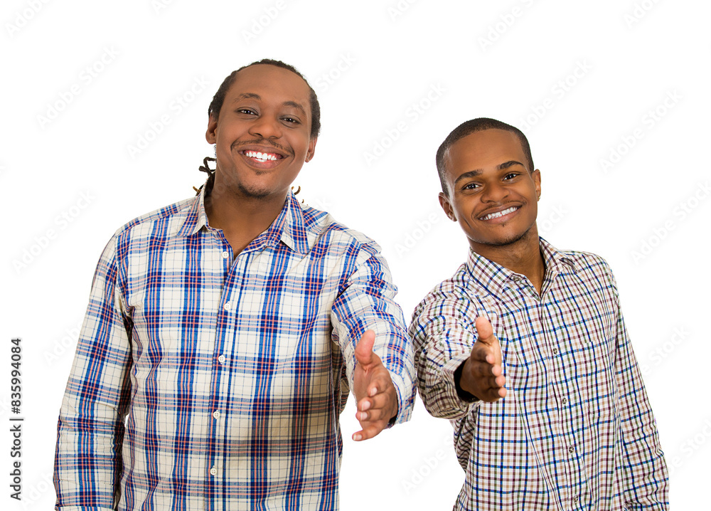 Closeup portrait handsome young smiling men giving, extending arms for ...