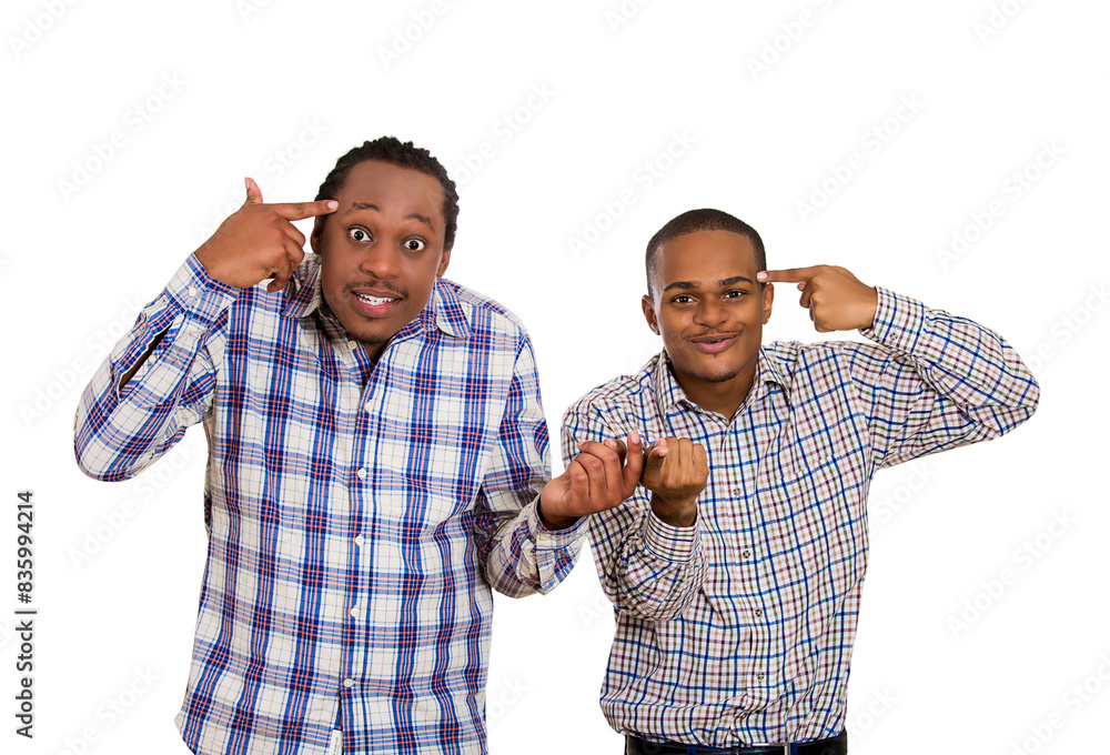Closeup portrait two rude, difficult, angry young men gesturing with ...