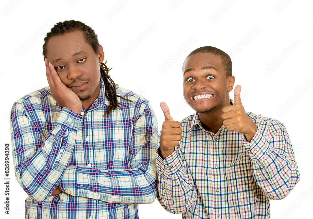 Closeup portrait two men, friends, one being excited, smiling, happy ...
