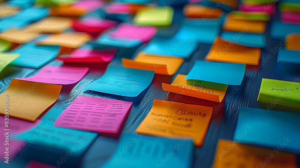 Idea generation session with colorful post-its, top view, enhancing ...