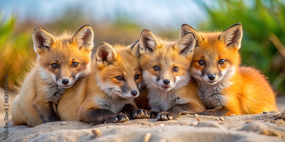 Wild baby red foxes cuddling at the beach in Nova Scotia, Canada, during June 2024 , Red fox ...