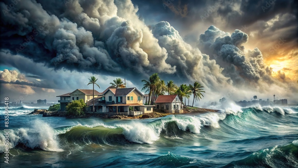 Strong wind hurricane causing island flood disaster, dramatic sky ...