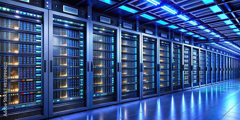 Server racks in a computer network security server room data center ...