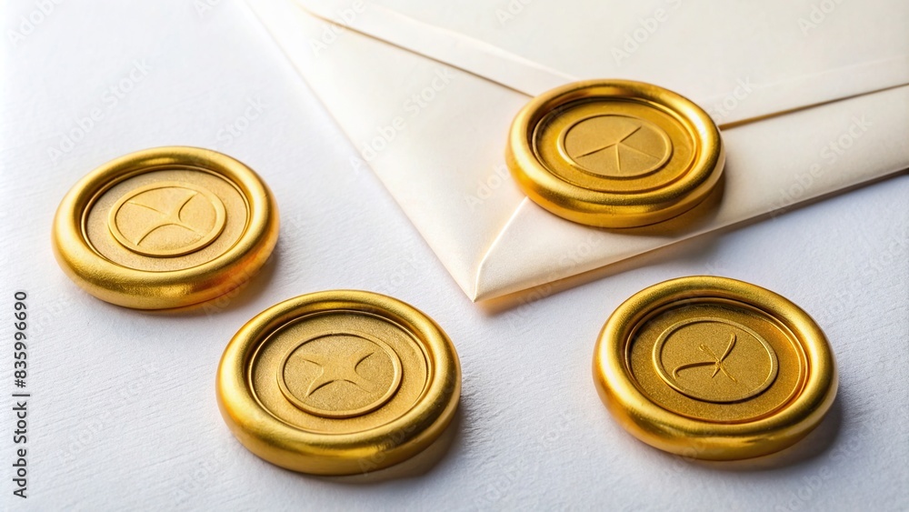 Set of elegant gold stamp wax for sealing envelopes isolated on white ...