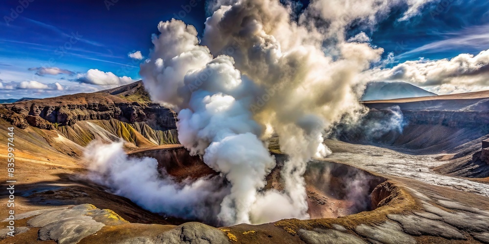 Fumarole emitting steam in the crater of a volcano , geothermal ...