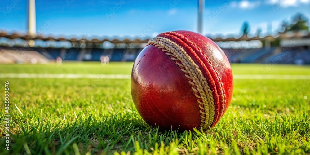 Closeup of a red cricket ball on a cricket stadium pitch , cricket, red ...