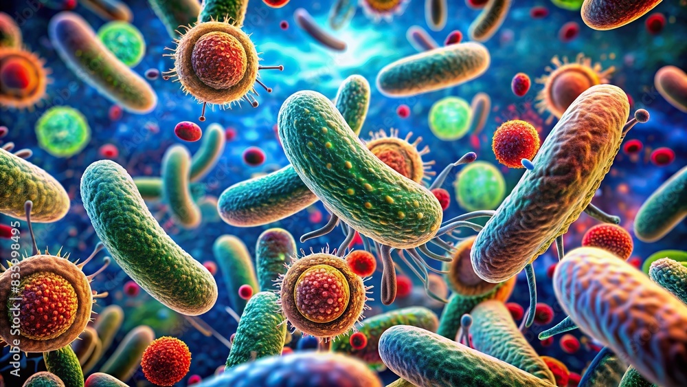 Abstract graphics of bacteria cells under a microscope, microbiology ...