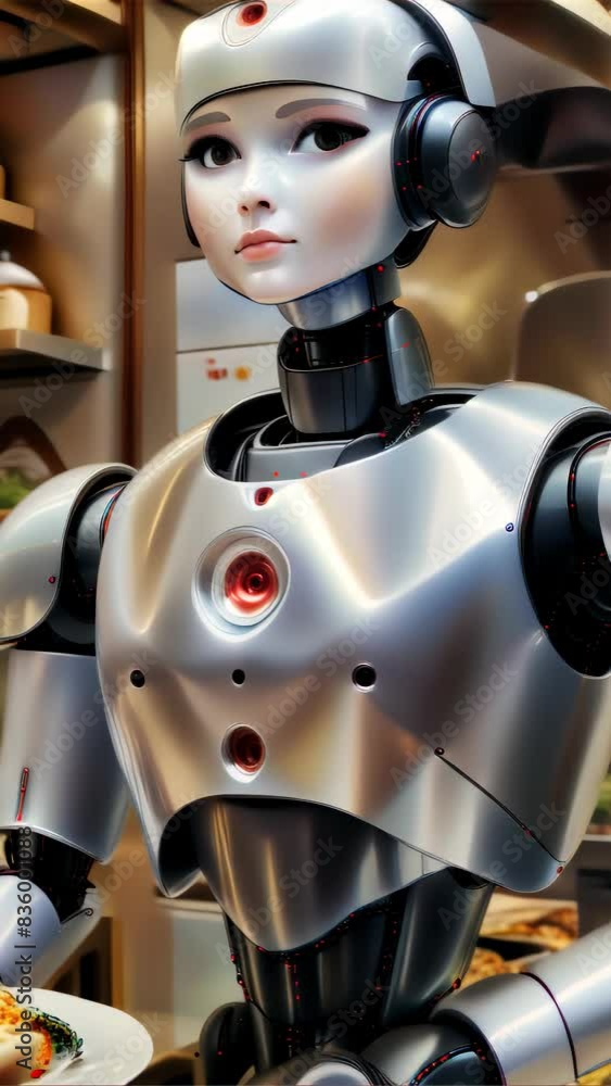 A highly detailed humanoid robot with a waitress design serves food in ...