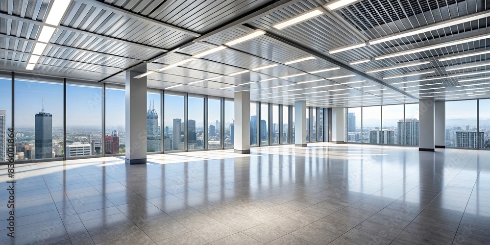 Modern empty office building interior with white open ceiling design ...