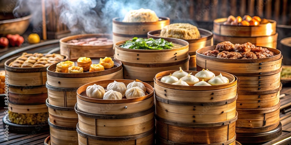 An elegant Chinese dim sum cart overflowing with bamboo steamers ...