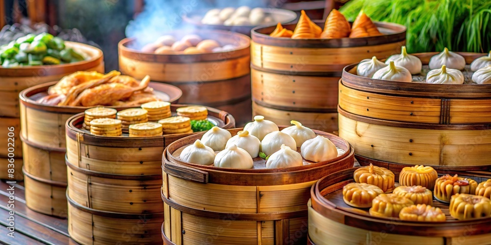 An elegant Chinese dim sum cart overflowing with bamboo steamers ...