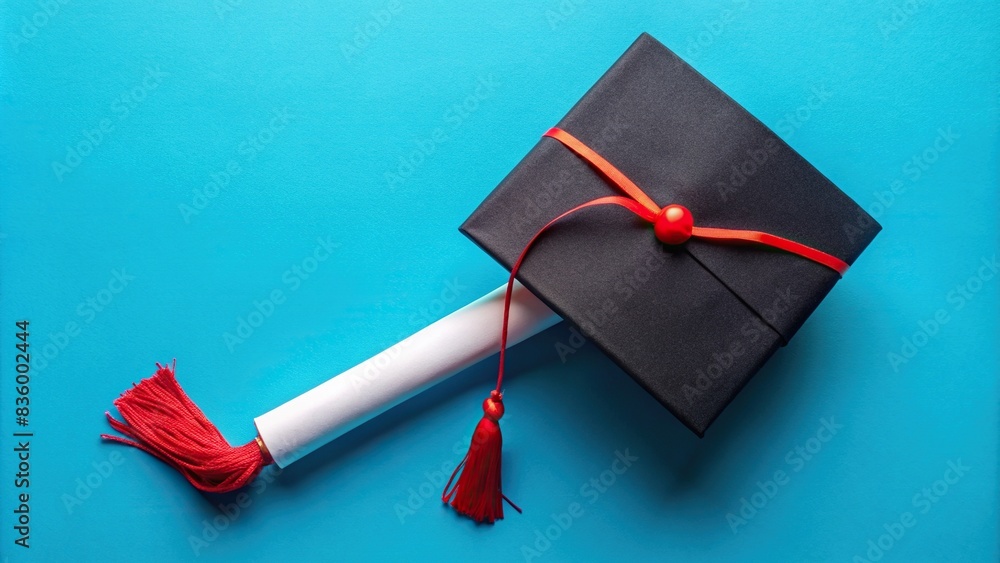 Top view of black graduation cap with red tassel and diploma on blue ...