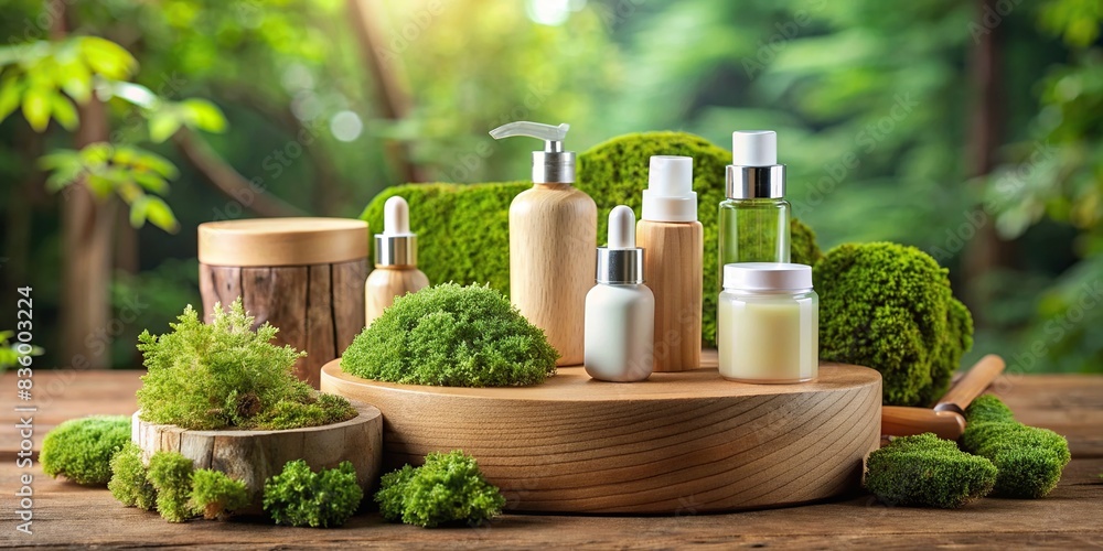 Wooden moss podium display showcasing organic cosmetic products on ...