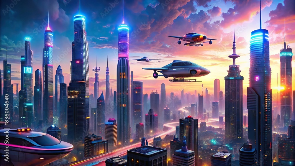 Futuristic city skyline with flying cars and glowing neon lights ...