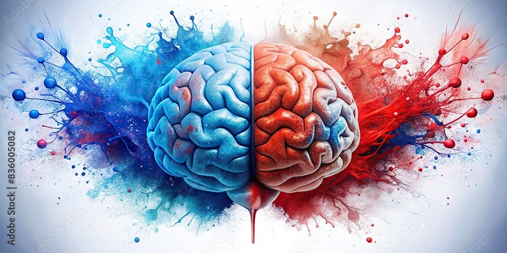 Abstract of duality in brain, with red and blue contrast, depicting a ...