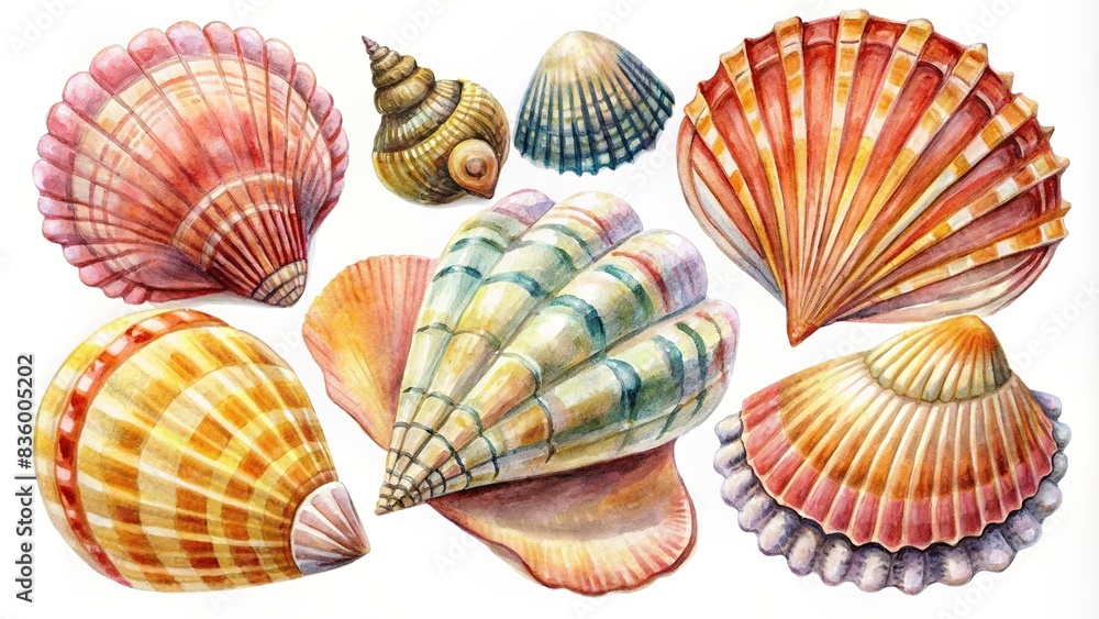 Watercolor clip art of seashells isolated on white background for ...