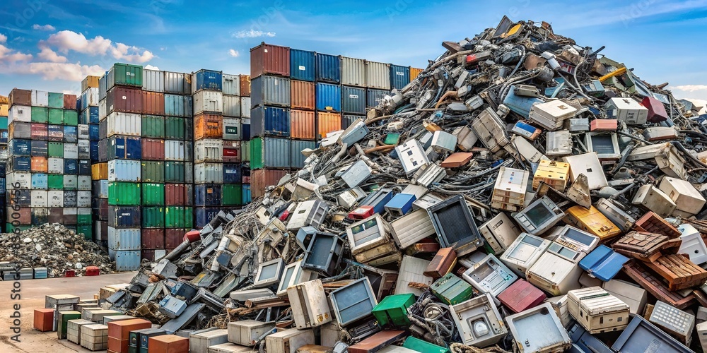 Huge pile of e-waste awaiting recycling in stacked cargo containers at ...