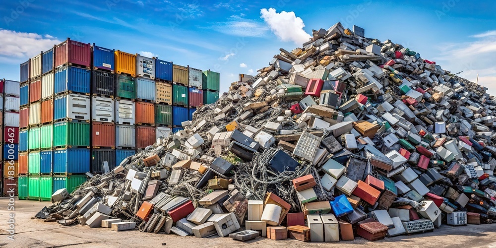 Huge pile of e-waste awaiting recycling in stacked cargo containers at ...