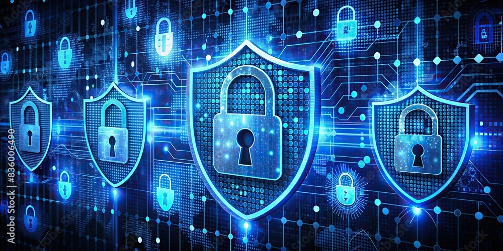 Digital cybersecurity concept with locks and shields against binary code and encrypted data ...