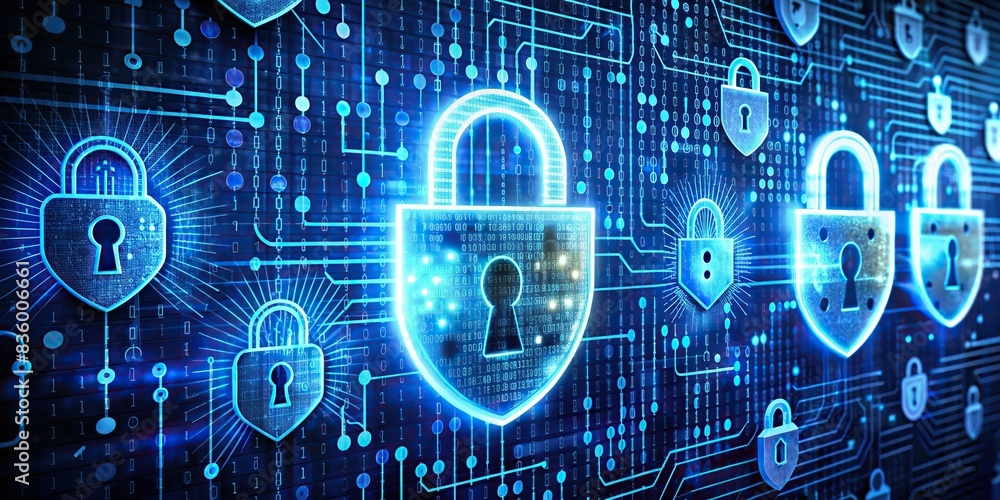 Digital cybersecurity concept with locks and shields against binary ... Digital cybersecurity concept with locks and shields against binary ...