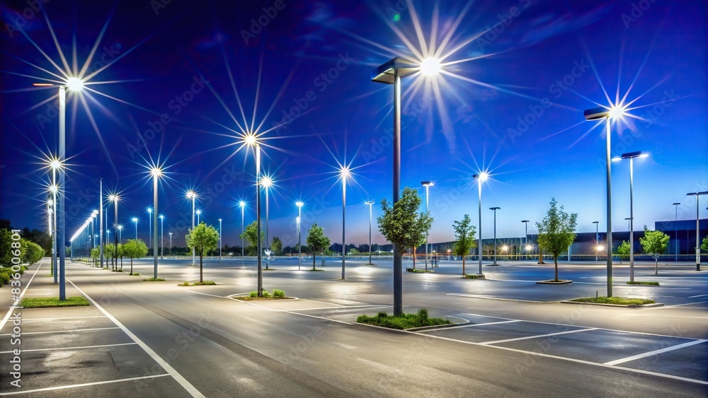 Modern parking lot with tall illuminated light poles under a blue night sky , parking lot ...