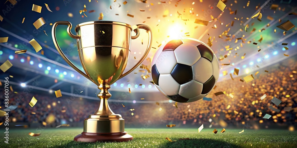 Ilustrace „A animated cartoon render of a soccer ball and trophy with ...