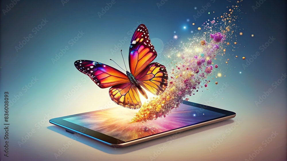 Abstract digital butterfly flying out from tablet , technology, virtual ...