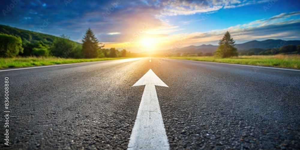 Asphalt road with white paint arrow pointing forward symbolizing determination and persistence ...