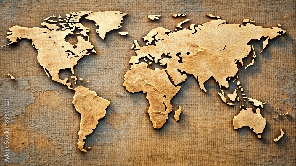 World map with textured relief effect on canvas, highlighting ...
