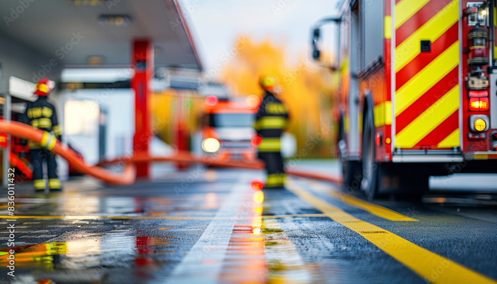 a close-up image of a fire station's main entrance with a firefighter ...