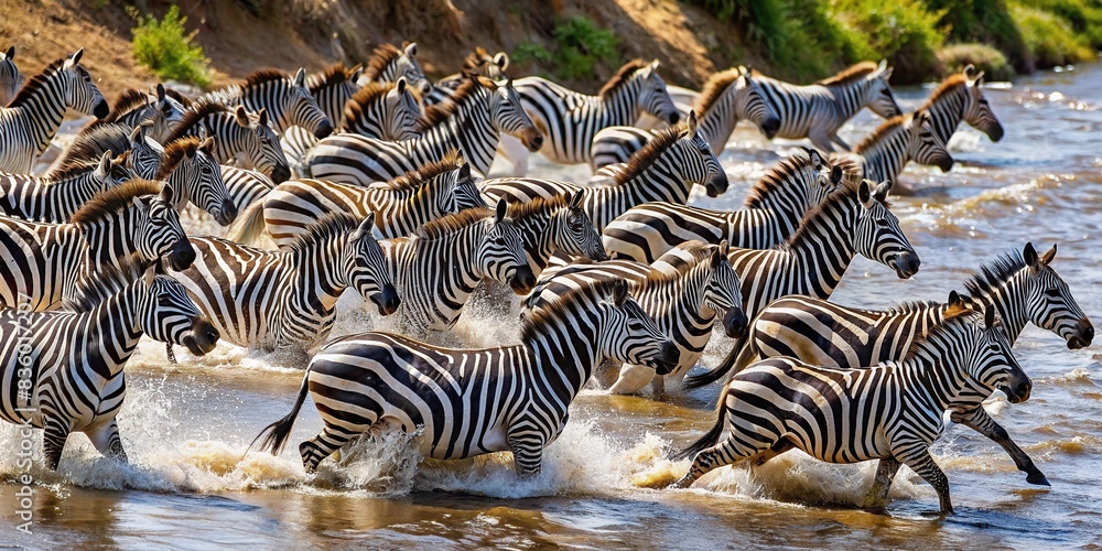 Herd of zebras crossing the river , wildlife, animals, nature, safari ...