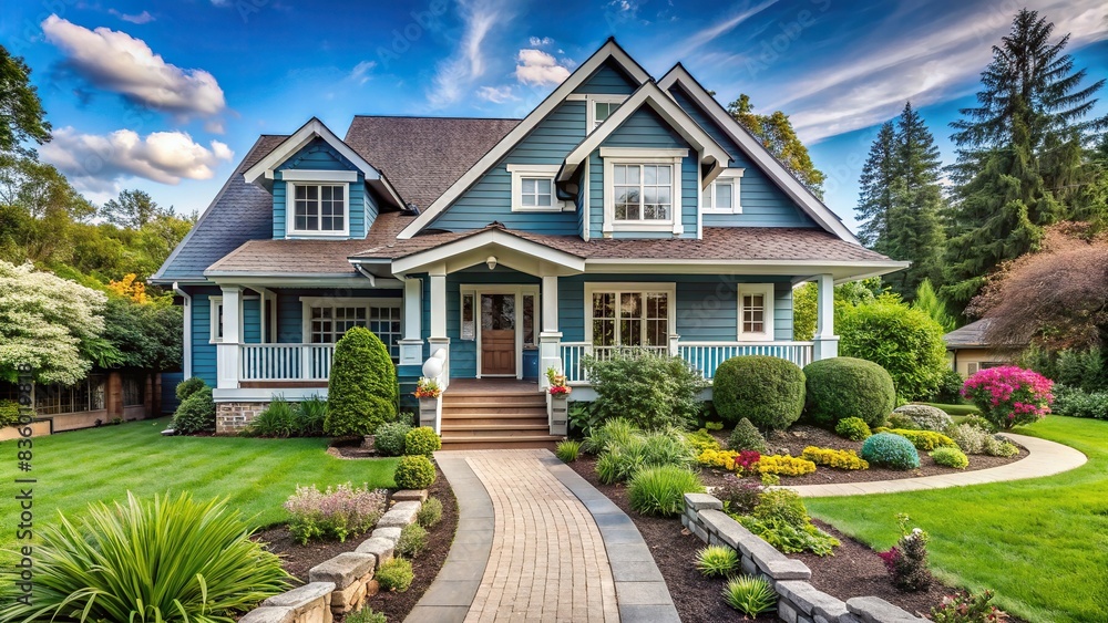 Elegant cerulean craftsman cottage with triple pitched roof and ...