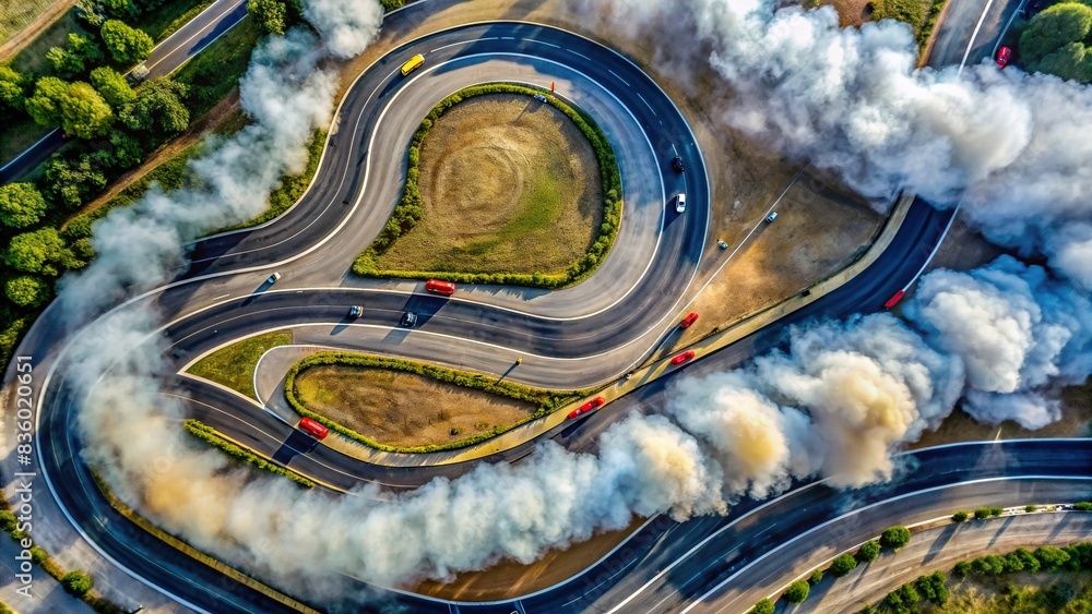Aerial view of abstract race track with tire marks and smoke , race ...
