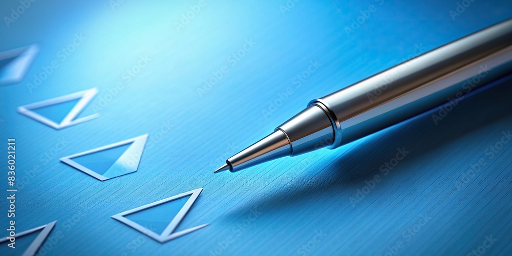of a pen putting blue ticks on paper, with a blue background, front ...