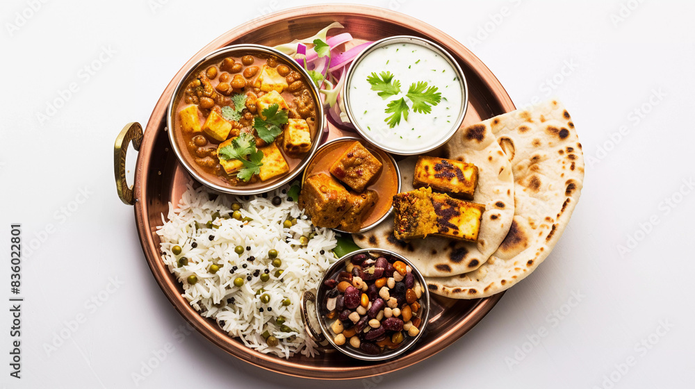 Top view of indian food thali with panner rice and roti dal isolated on ...