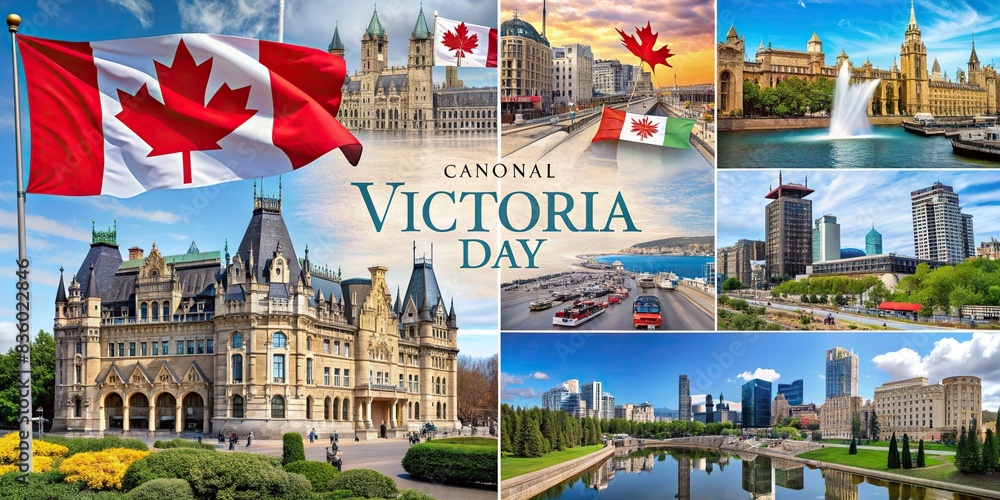 Collage of historic Canadian landmarks and symbols with Victoria Day ...
