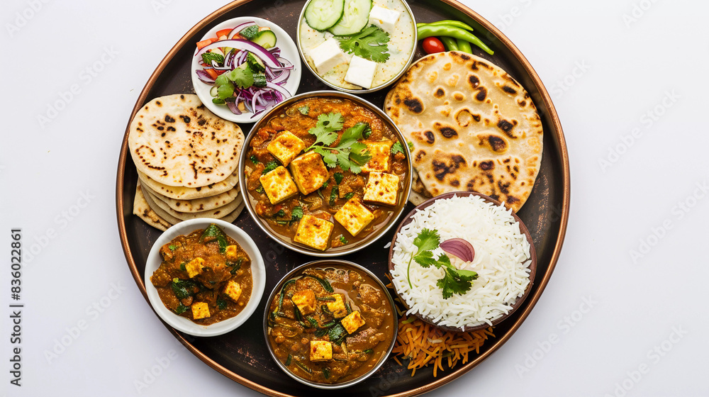Top view of north indian thali with paneer masala and salad roti ...