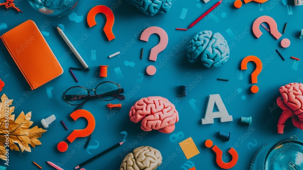 A flat lay image of a table with scattered question marks and brain ...