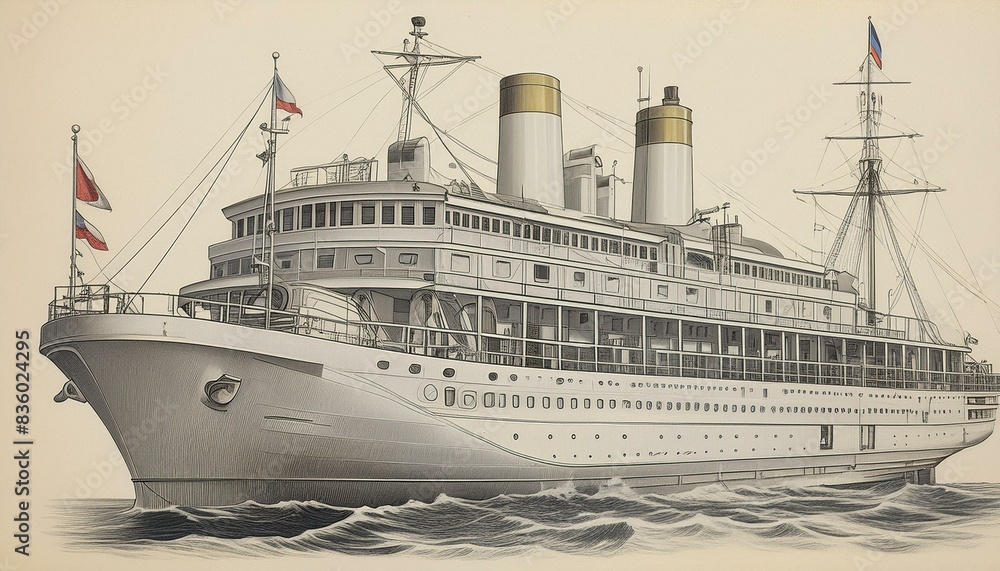 vintage monochrome drawing of a passenger steamship, art design Stock ...