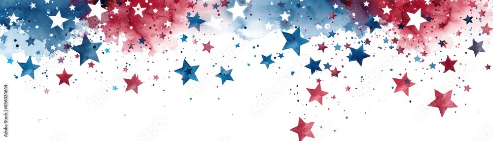 Patriotic red, white, and blue star confetti border on a white ...