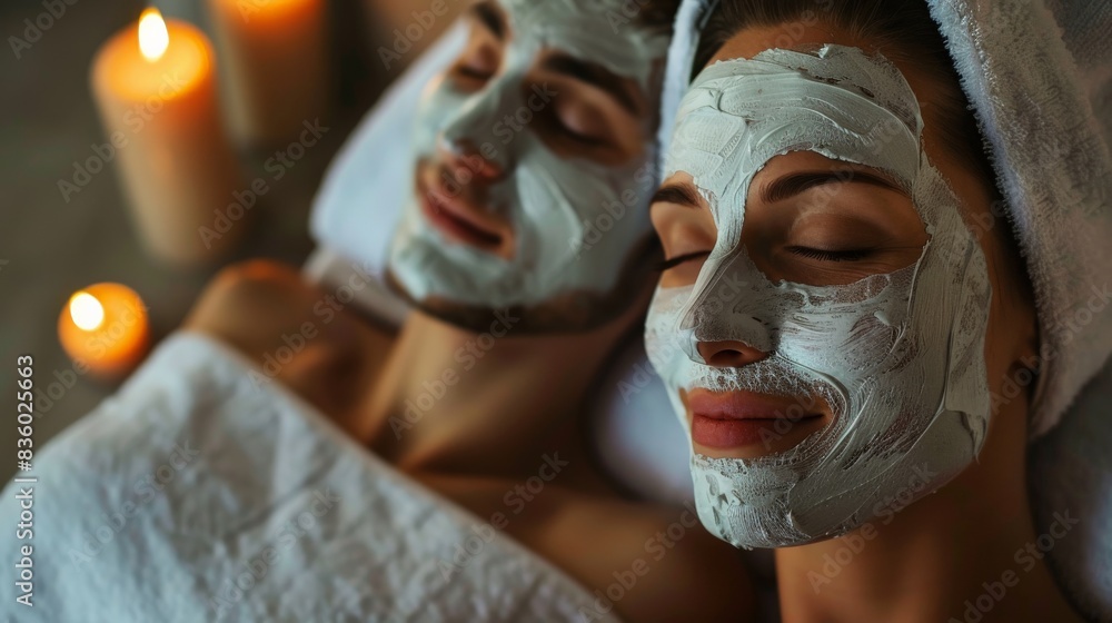A young couple is relaxing in a spa. They are both wearing white towels ...