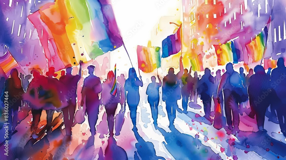 A lively LGBTQ parade with a diverse crowd walking together, holding ...
