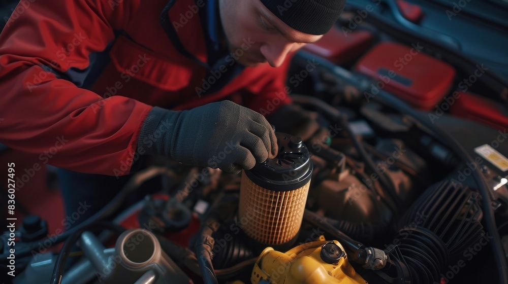 New car oil filter being installed by a mechanic, with a focus on the ...