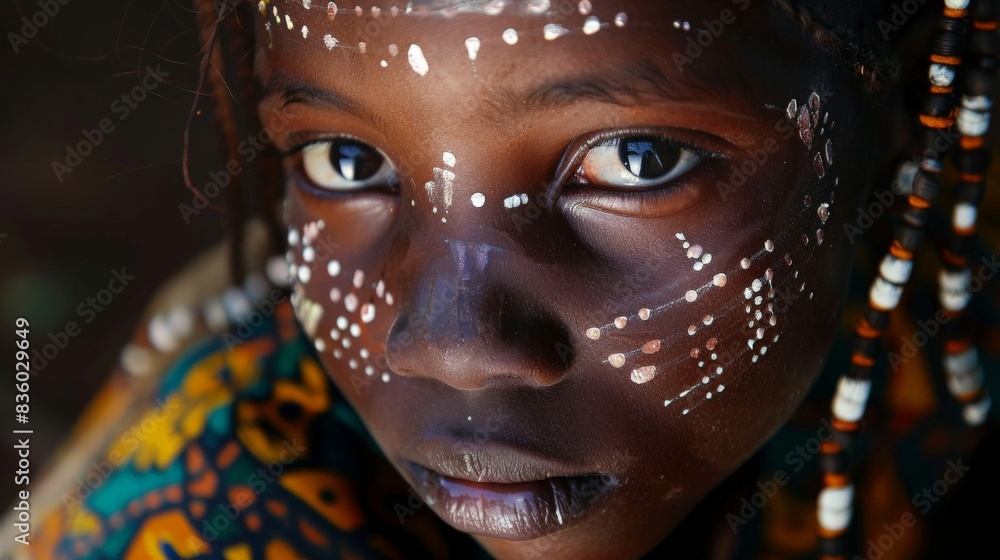 Intimate scene of a young Fulani girl with traditional face markings ...
