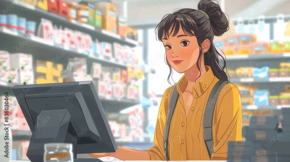 Quick and efficient female cashier scanning items at a supermarket in ...