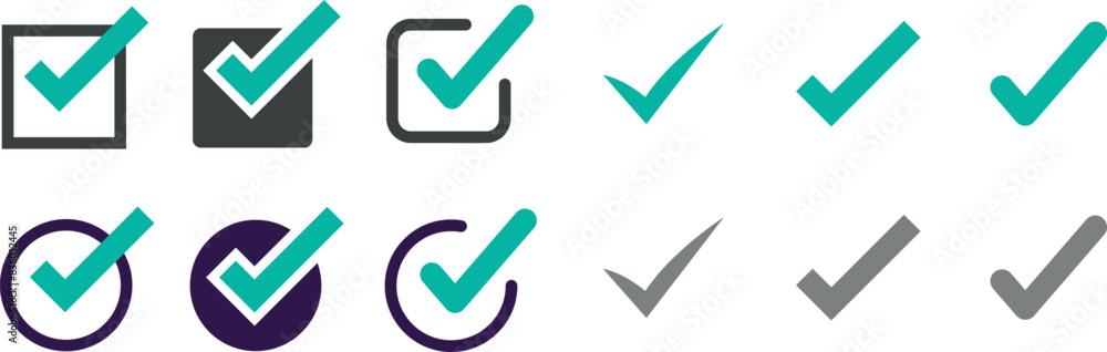 Check mark set icon. Simple web buttons. Checkmarks and confirm. Round ...