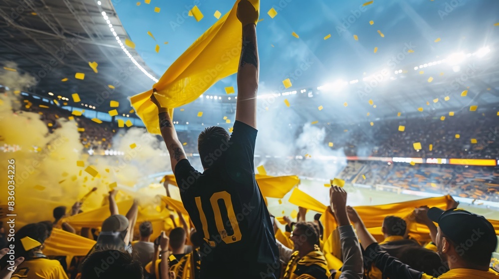 football fans in the stadium were supporting the yellow and black team ...