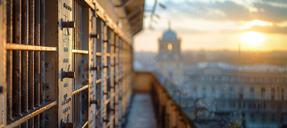 a close-up image of a prison's exterior with reinforced doors and ...